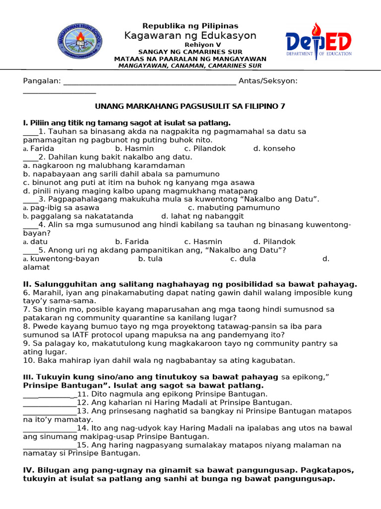 Filipino 7 Unang Markahan Sy 2024-2025 | PDF