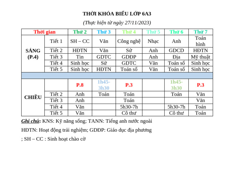 Thời Khóa Biểu Lớp 6a3 | PDF