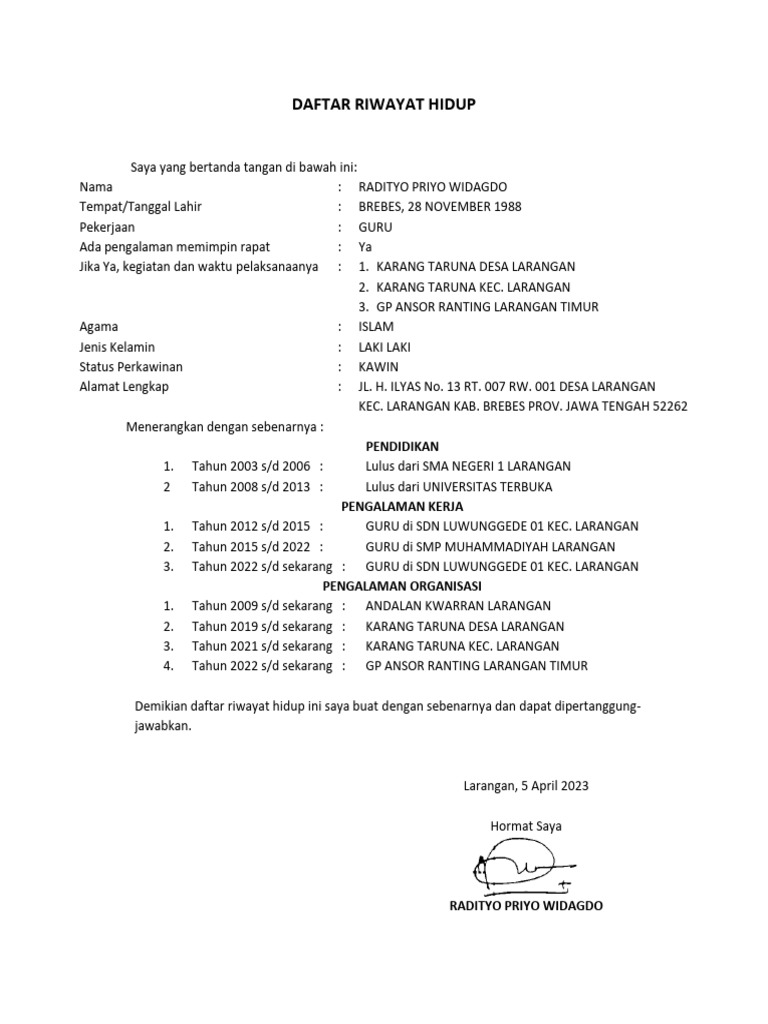 Radityo Priyo Widagdo - Larangan - Daftar Riwayat Hidup | PDF Radityo Priyo Widagdo - Larangan - Daftar Riwayat Hidup | PDF