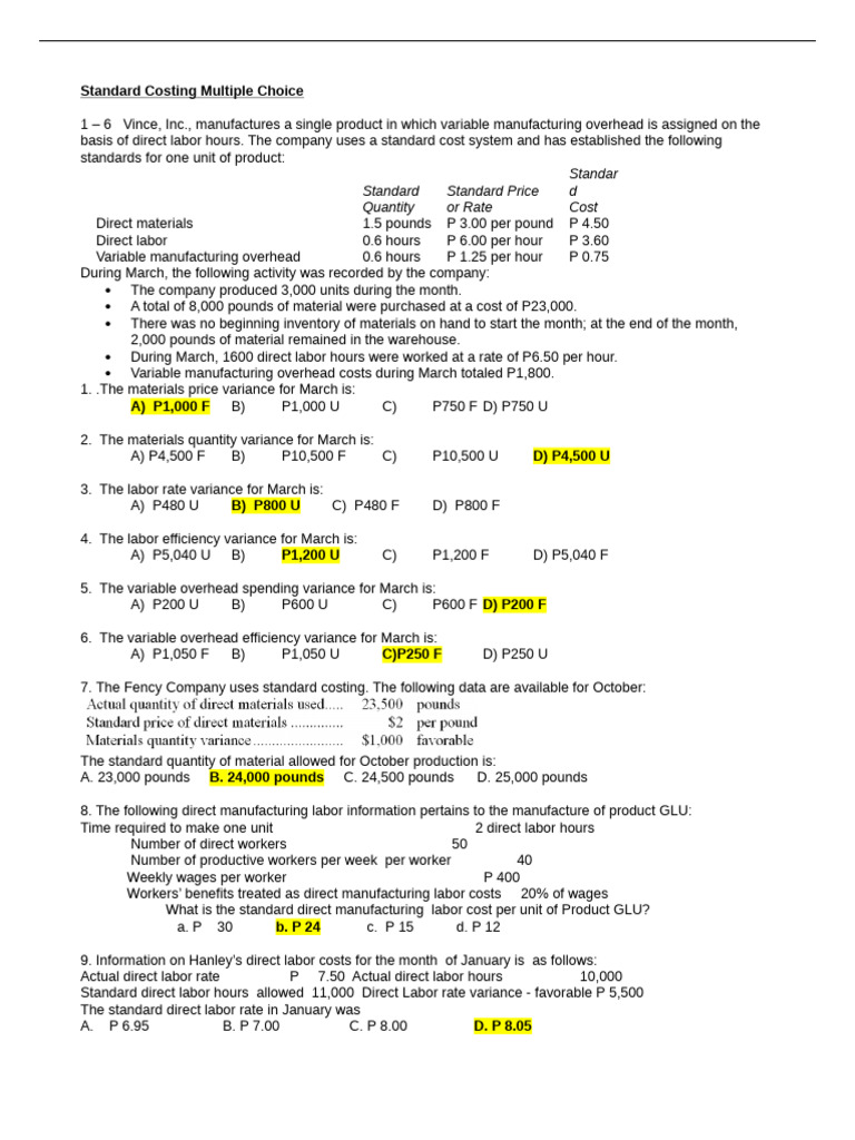 Standard Costing Multiple Choice | PDF | Variance | Economies