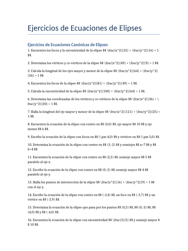 Ejercicios Elipses | PDF | Elipse | Objetos geométricos