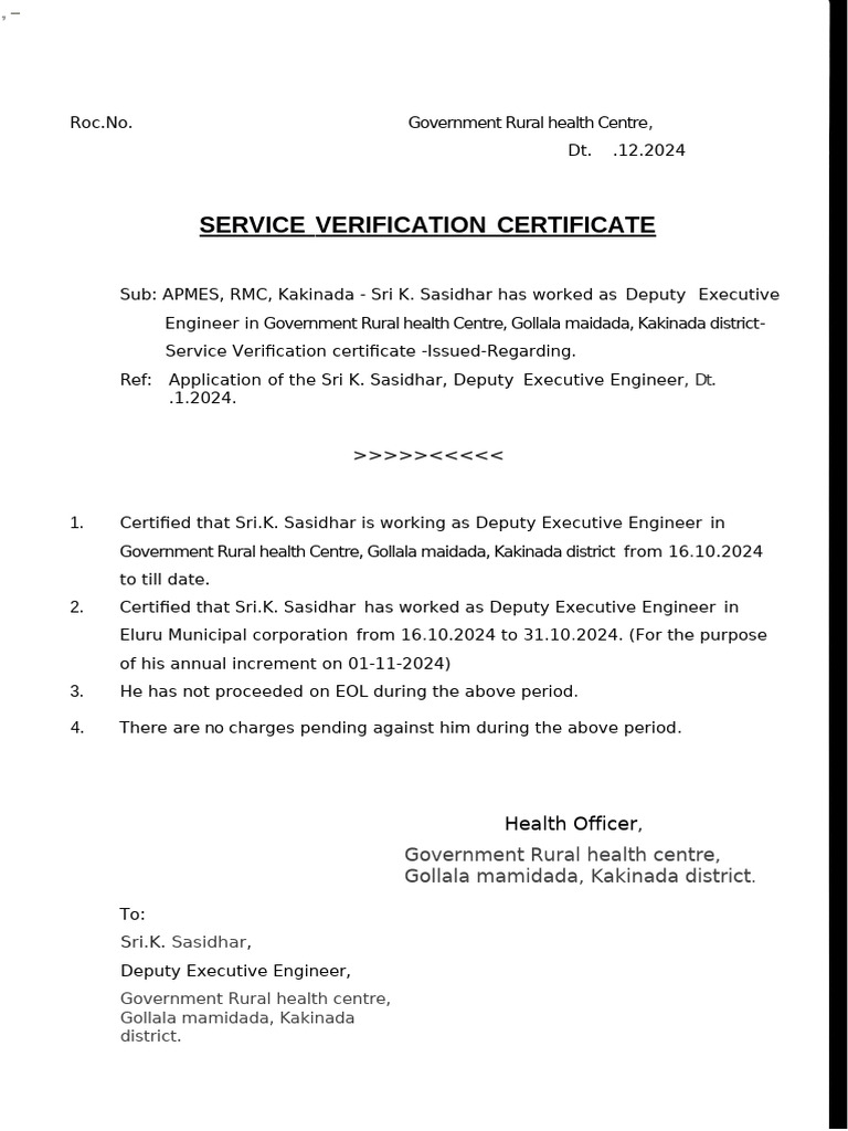 Service Verification Certificate of K.Sasidhar at G.R.H.C, Gollala ...