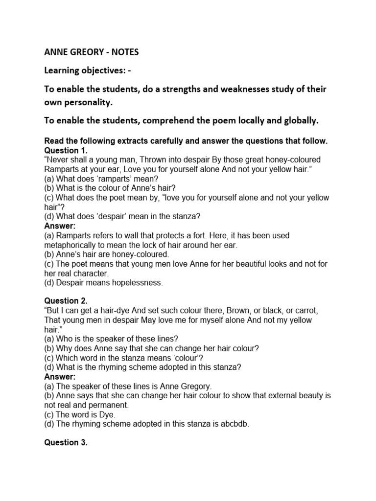 Anne Gregory: Inner vs. Outer Beauty Analysis | PDF | Beauty | Soul
