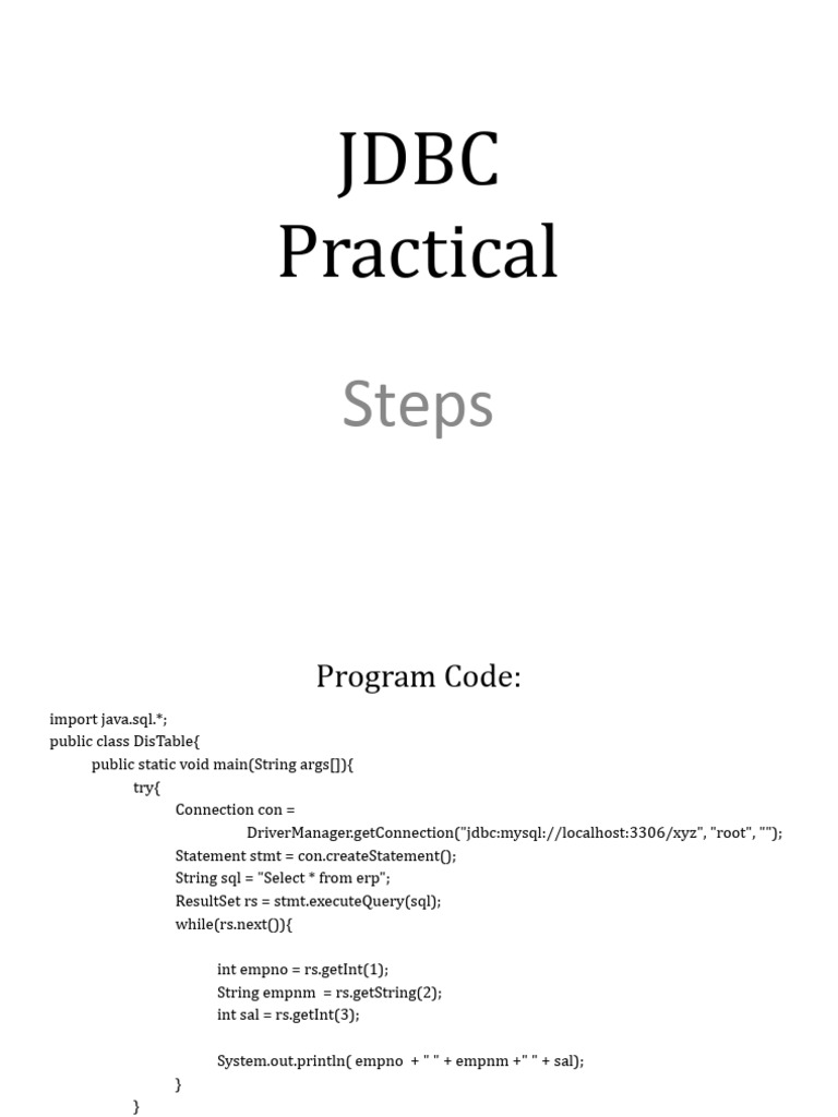 JDBC Program Steps For prg1 Lab | PDF