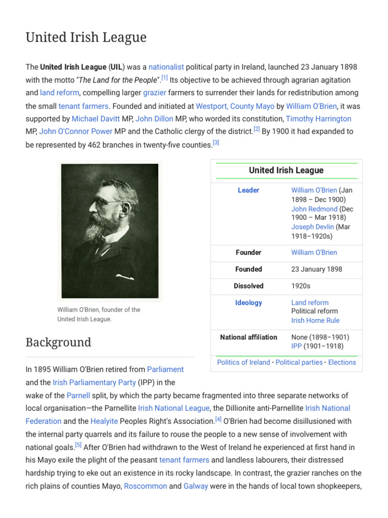 United Irish League Overview And History Pdf Ireland Land Reform