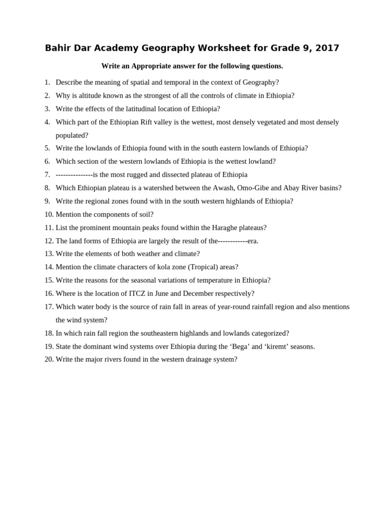 Grade 9 Geography Worksheet | PDF