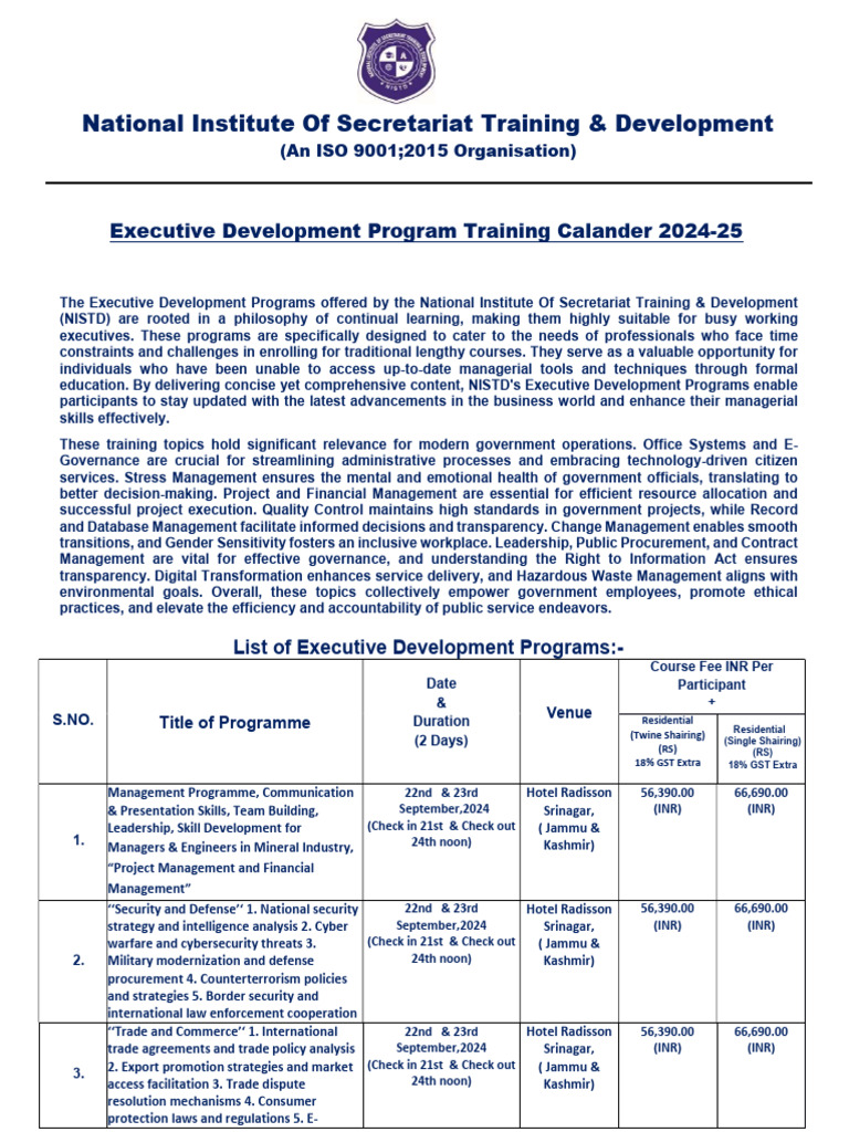 Executive Development Program Training Calander 2024-25 2 | PDF | Lidar ...