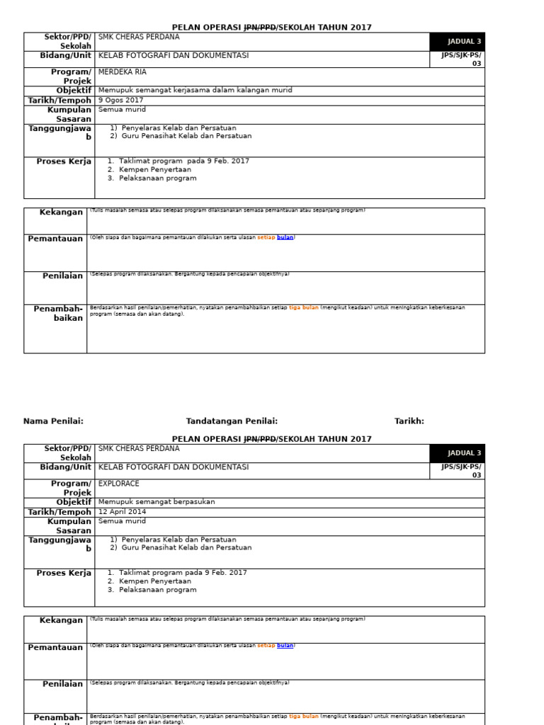 Rencana Program Kokurikulum SMK Cheras | PDF