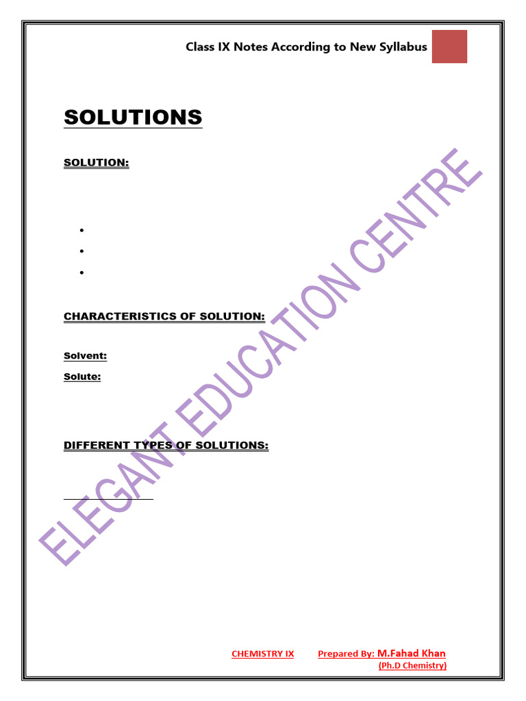Class IX Chemistry: Solutions Overview | PDF | Solubility | Concentration