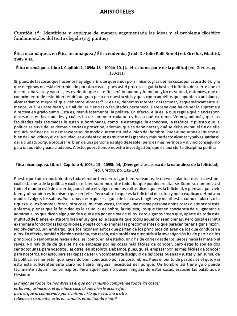 ARISTÃ - TELES. Parte II CuestiÃ N 1Â | PDF | Felicidad | Virtud