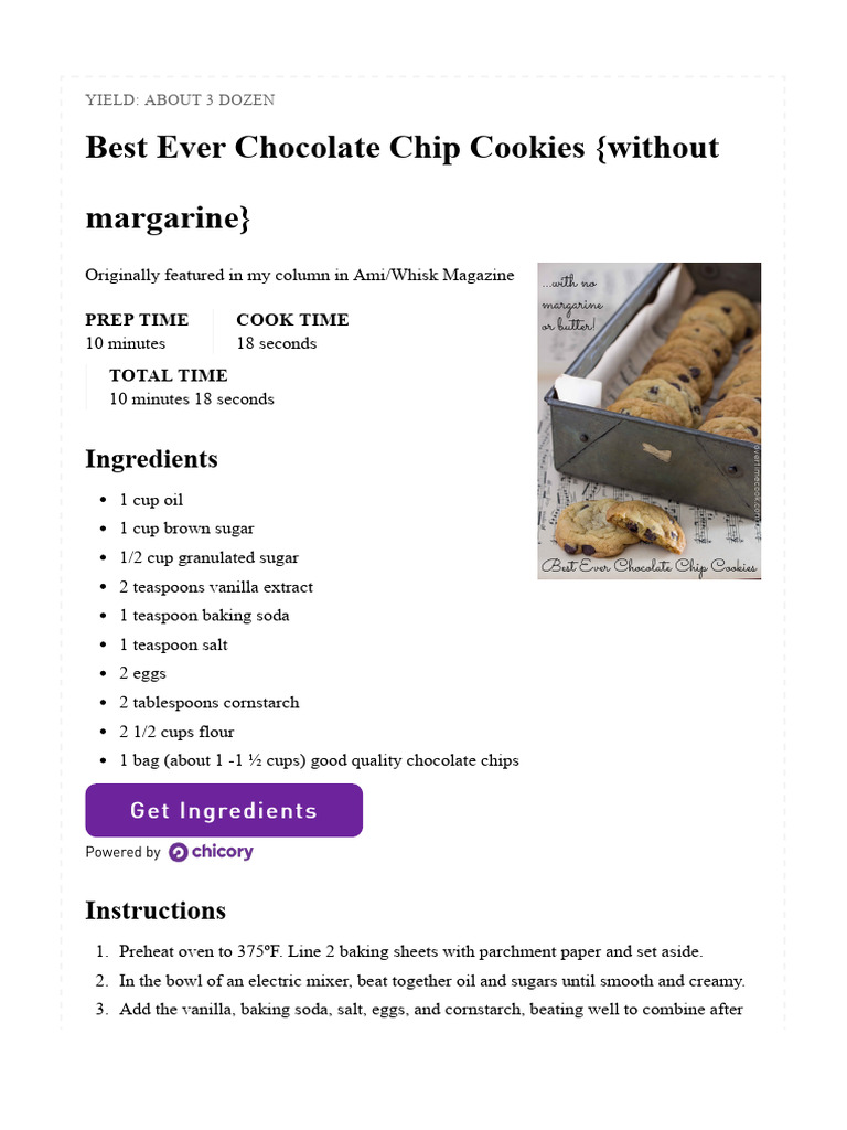 Best Ever Chocolate Chip Cookies (Without Margarine) - Overtime Cook | PDF