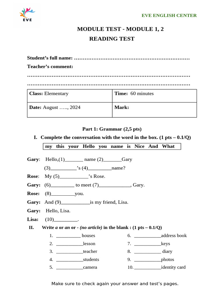 Elementary English Module Test 2024 | PDF