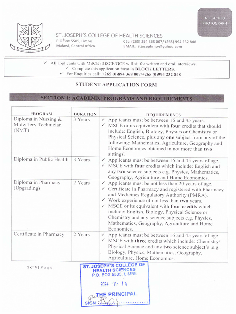 St. Joseph's College of Health Sciences Application Form-2024 | PDF