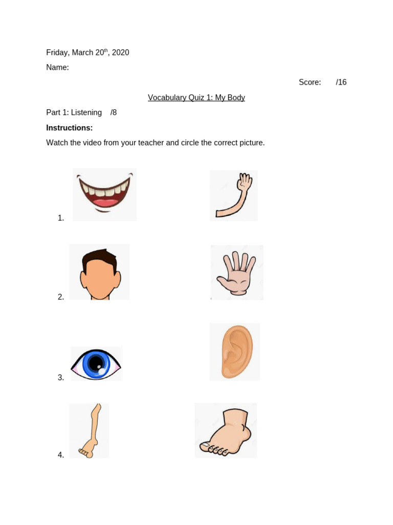 Grade 1 - Vocabulary Quiz 1 | PDF