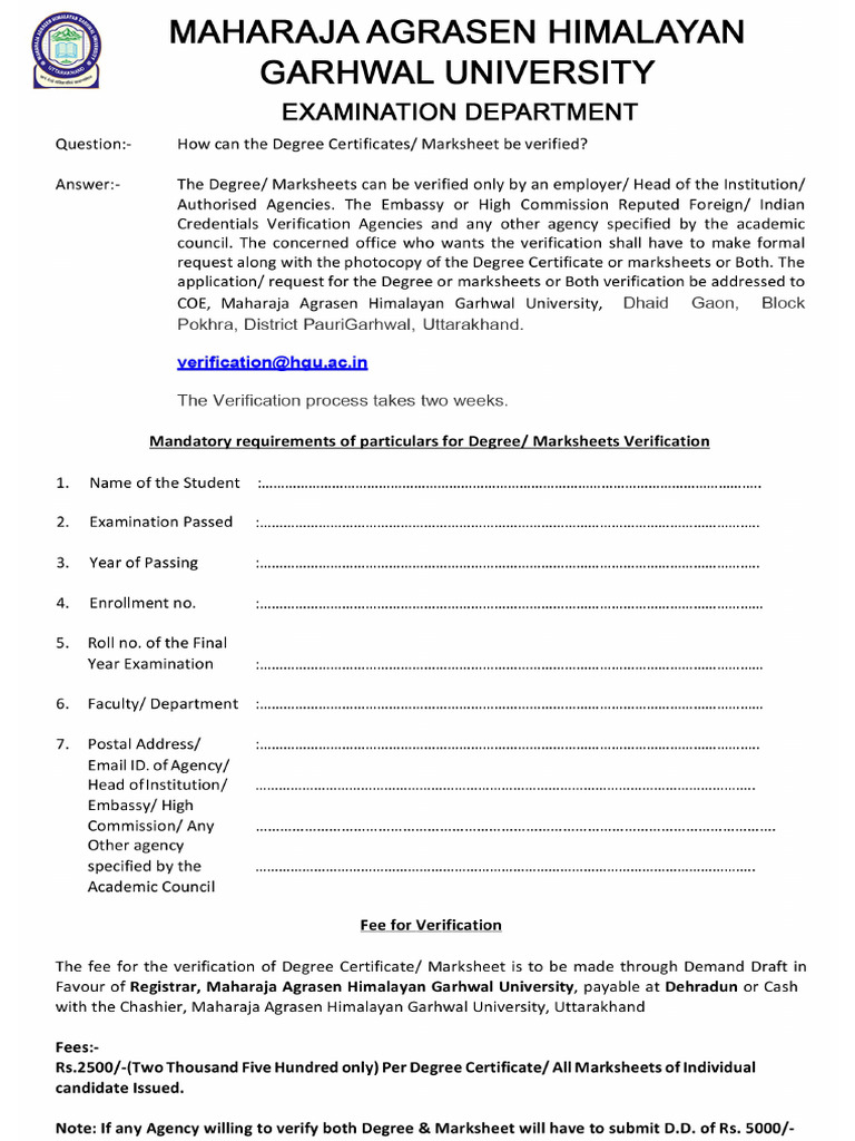 5e33f4a5922c7 - HIMALAYAN GARHWAL UNIVERSITY Verification Form | PDF