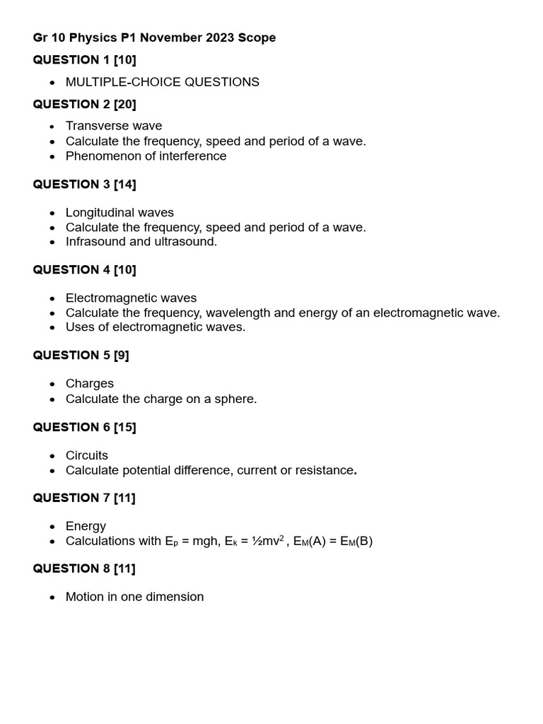 Physics GR 10 Paper 1 T4 2023 Scope | PDF
