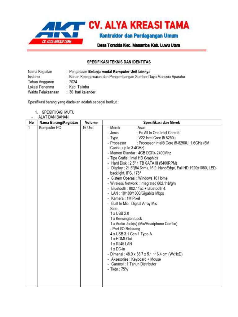 Spesifikasi Teknis Dan Identitas | PDF