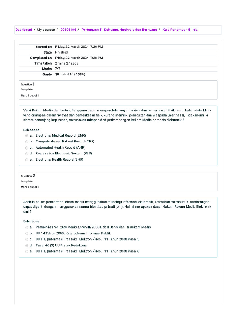 Kuis Pertemuan 5 - Irda - Attempt Review | PDF