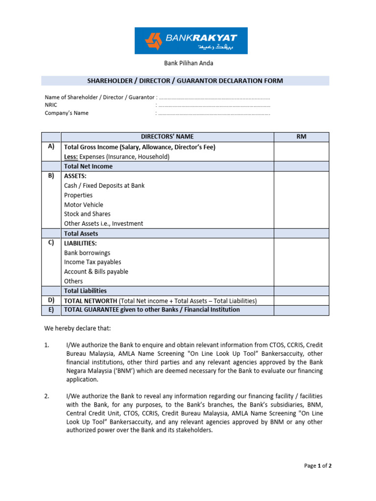 Shareholder Director Guarantor Declaration Form | PDF | Banks | Income