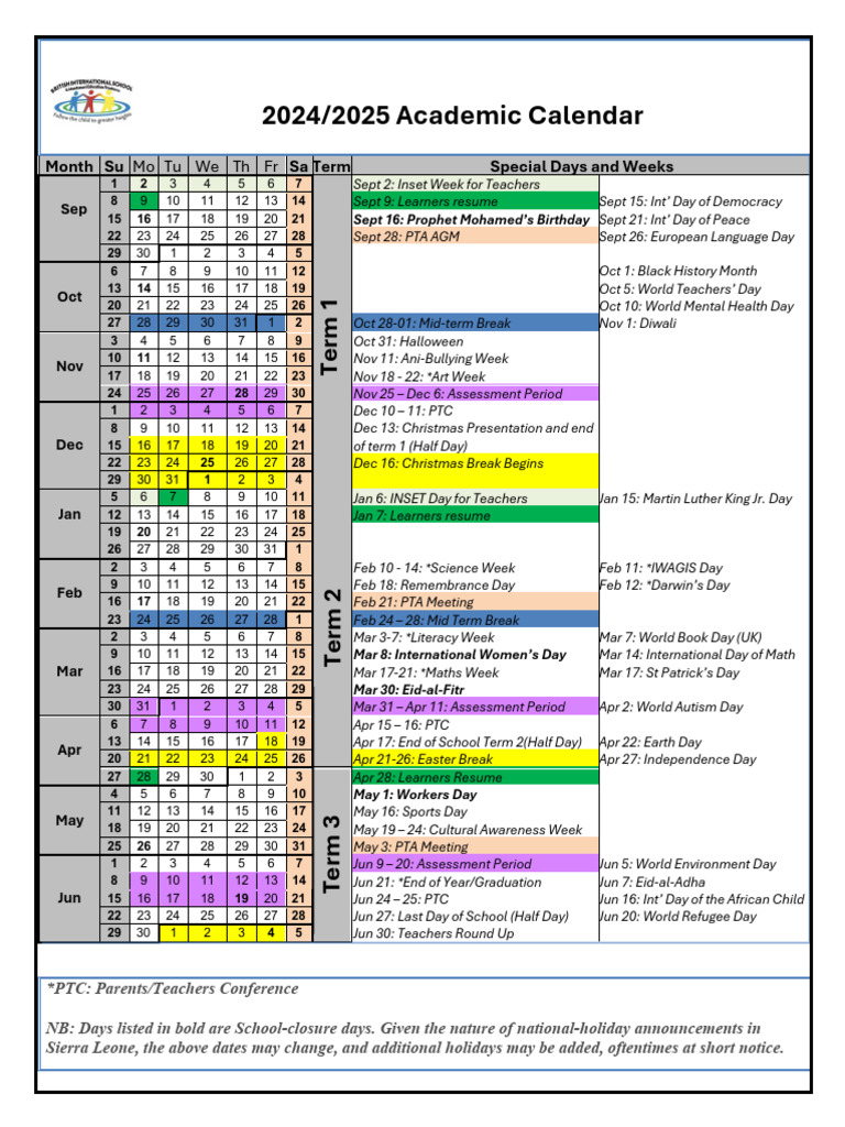 BIS Academic Calendar 2024-2025 | PDF | Observances