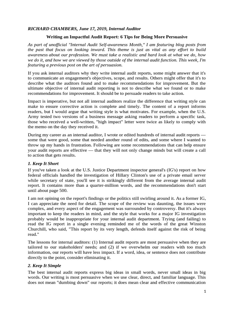Persuasive Audit Report Writing Tips | PDF | Internal Audit | Auditor's ...
