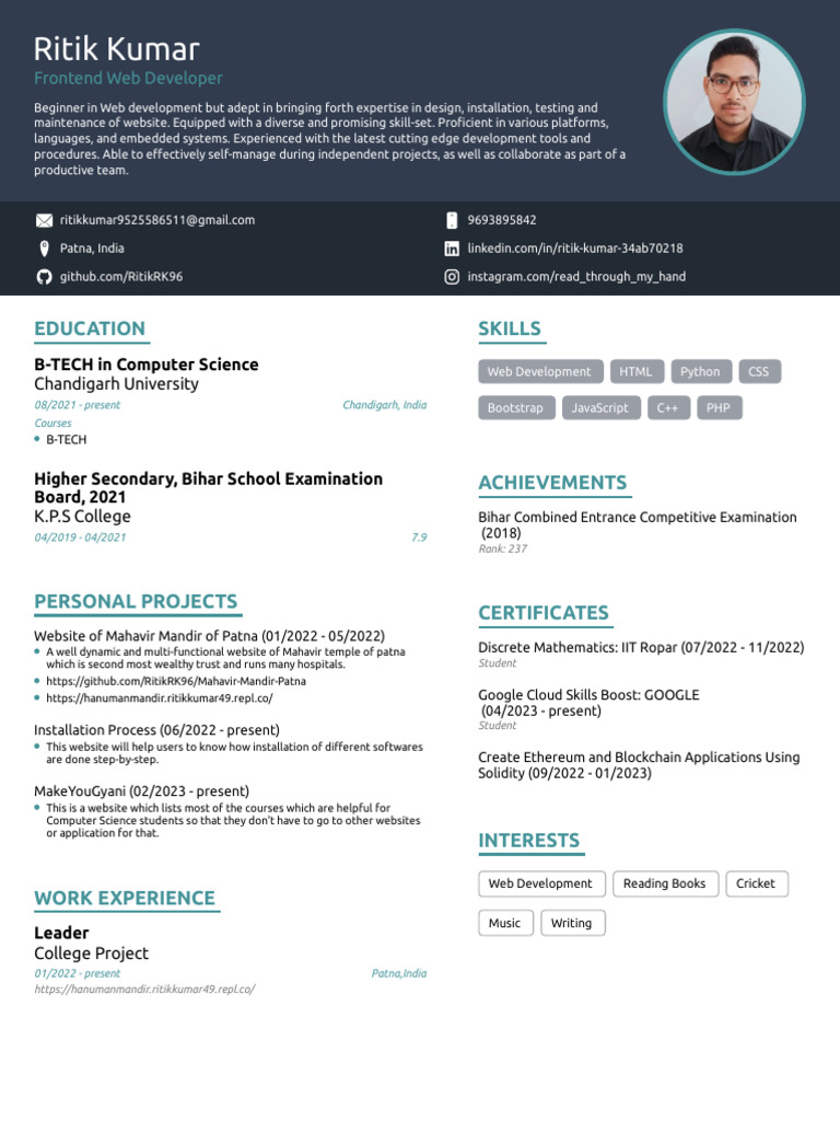 Ritik Kumar: Education Skills | PDF | Web Development | Computer Science