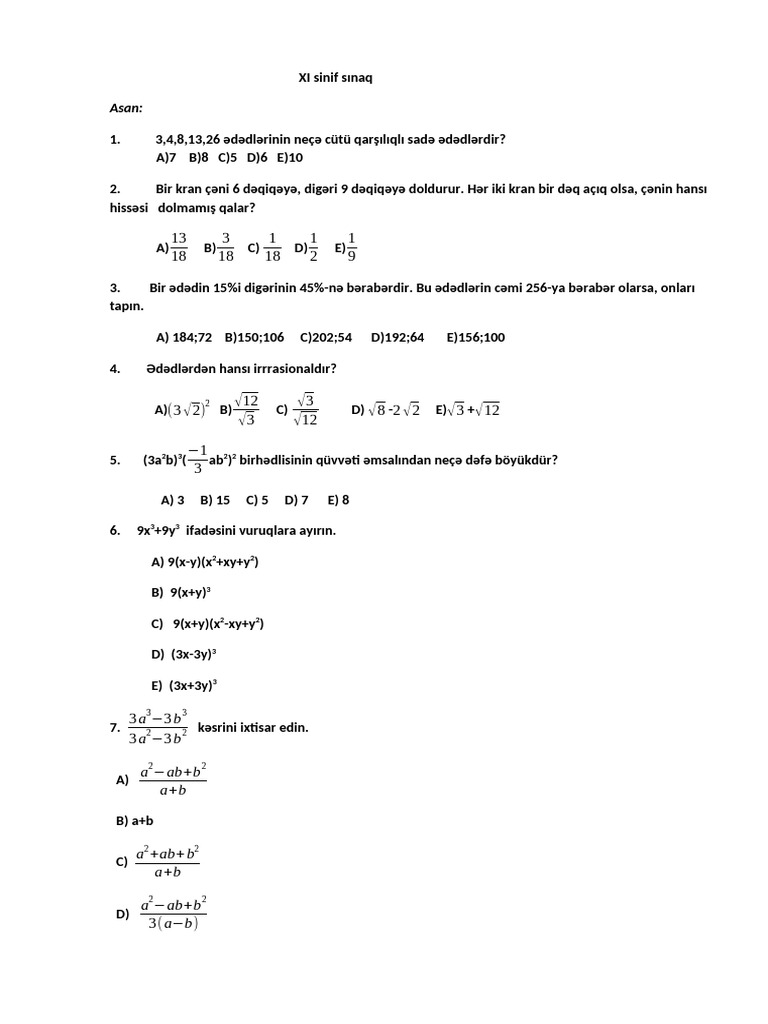 XI Sinif Riyaziyyat | PDF