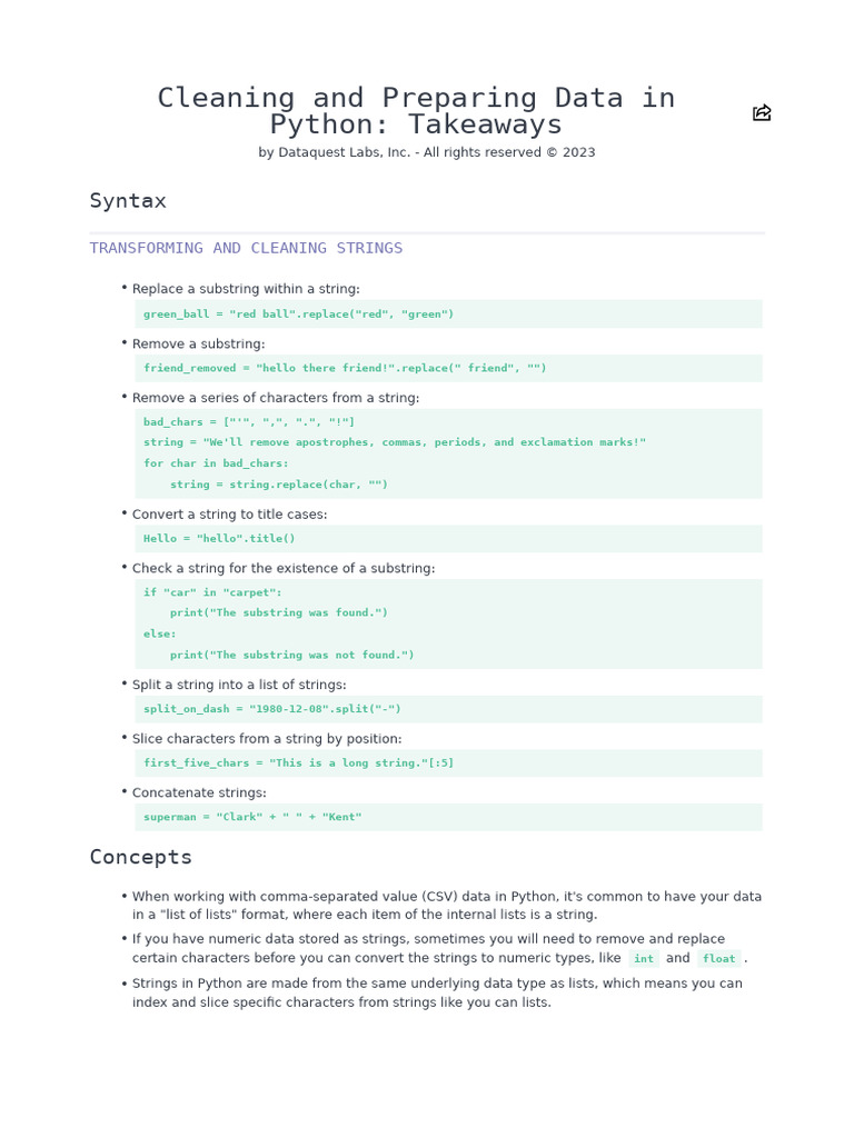 Mission 351 Cleaning and Preparing Data in Python Takeaways | PDF