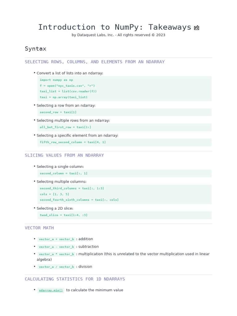 Mission 289 Introduction To Numpy Takeaways | PDF | Computer Programming | Computer Architecture