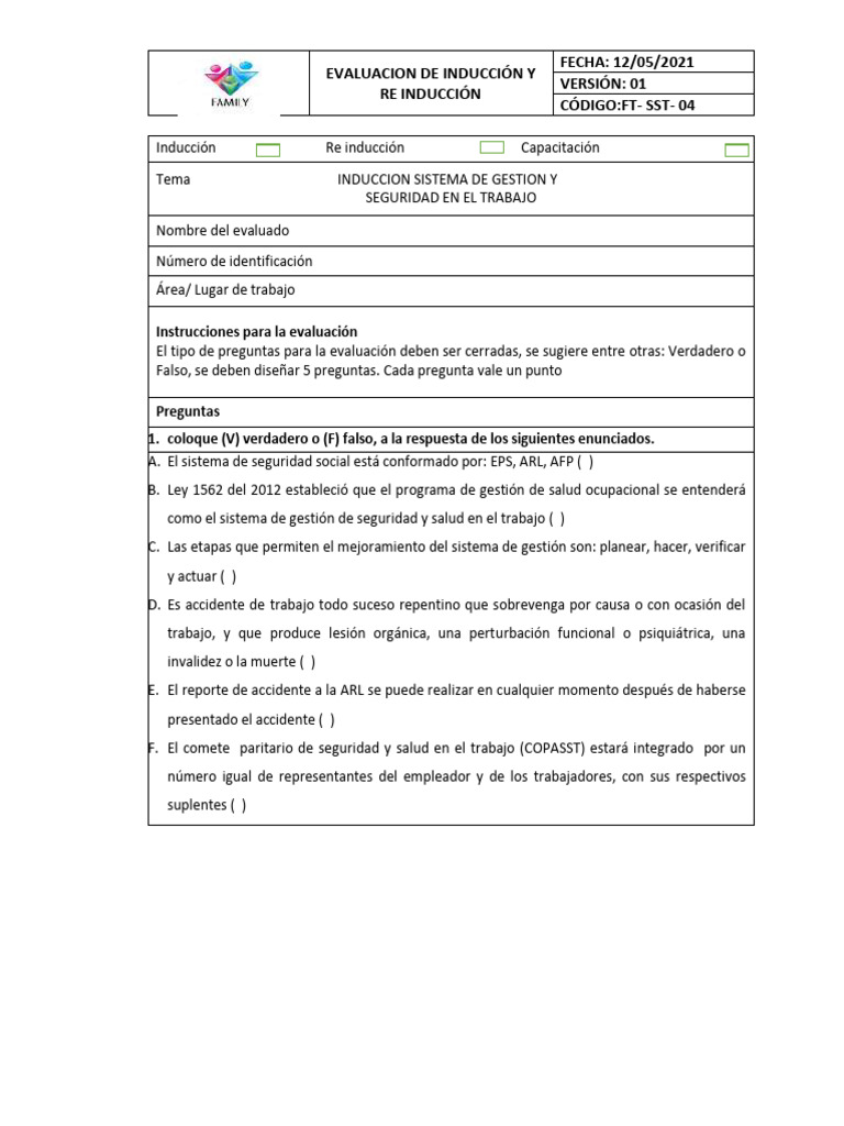 Evaluacion de Induccion y Reinduccion SST | PDF Evaluacion de Induccion y Reinduccion SST | PDF