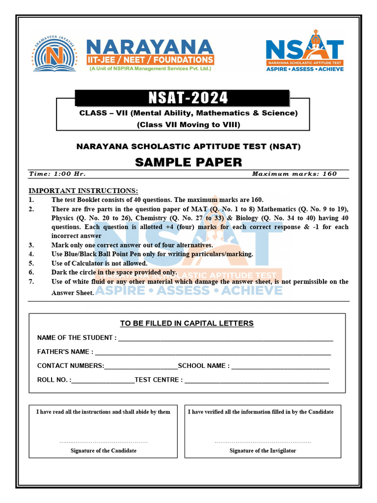 NSAT 2024 Sample Paper for Class VII | PDF | Mathematics | Arithmetic