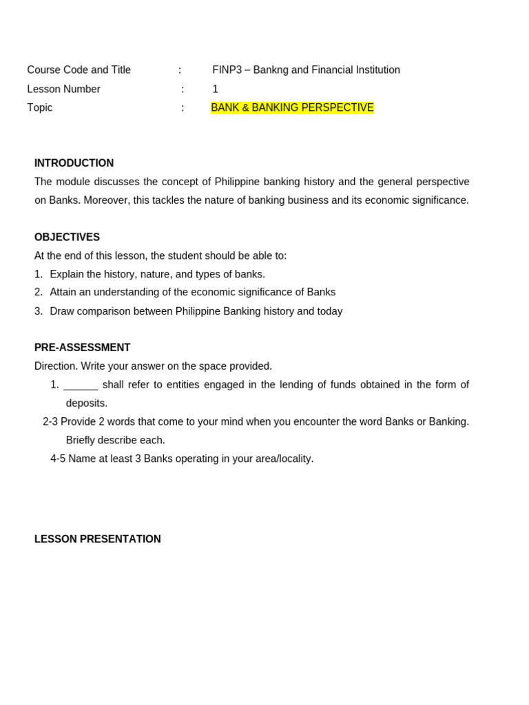 Lesson 1 and 2 Banking and Financial Institution | PDF | Banks ...