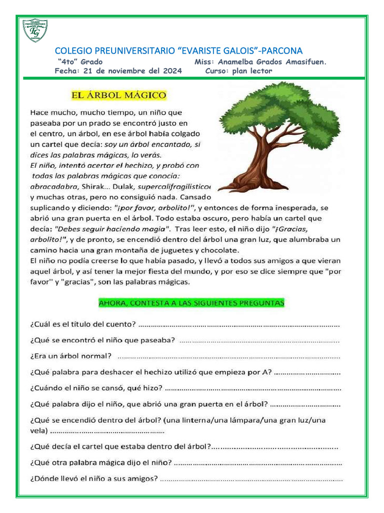 Ficha de Plan Lector de 4° de Primaria | PDF