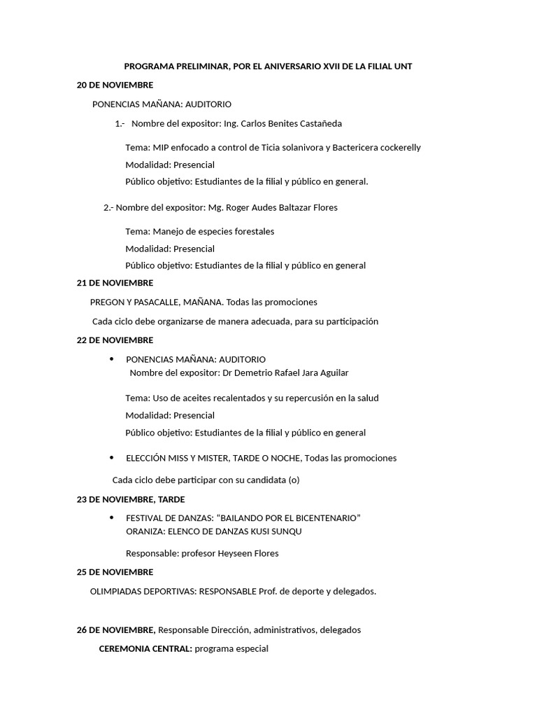 Programa Preliminar Aniversario Unt 2024-1 | PDF