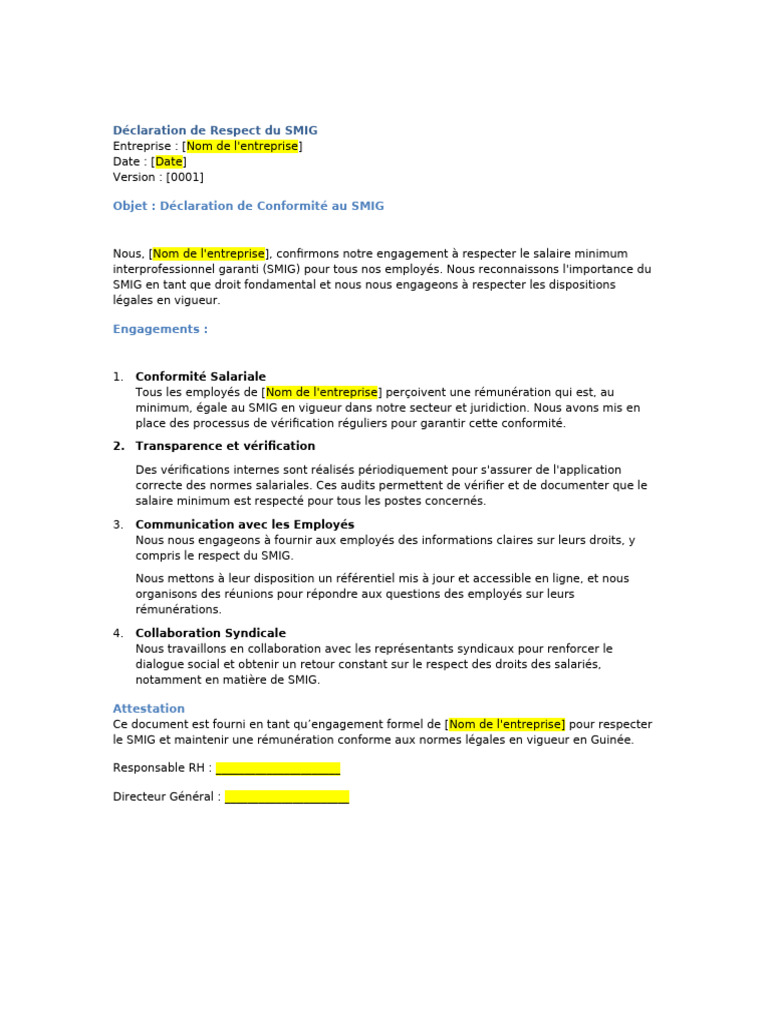 Engagement de l'Entreprise au SMIG | PDF
