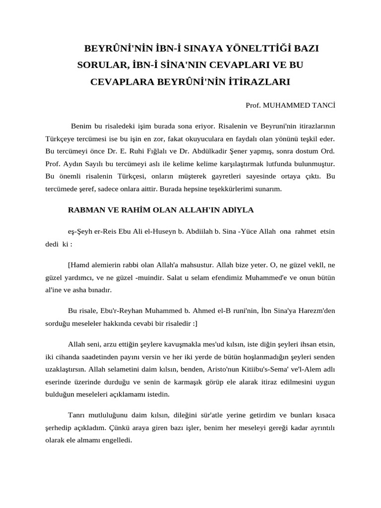 M. Tavit Tanci Biruni İbn Sina Mektupları | PDF
