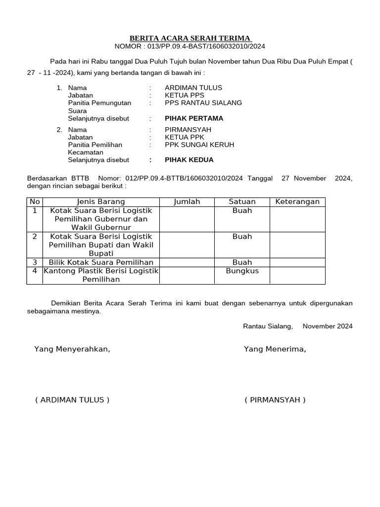 Bast PPS Mengembalikan Logistik Ke PPK | PDF