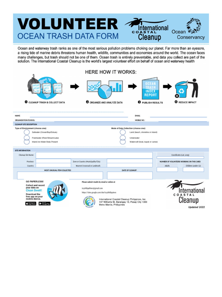 VOLUNTEER Ocean Trash Data Form - 2022 - Rev | PDF | Plastic | Cigar