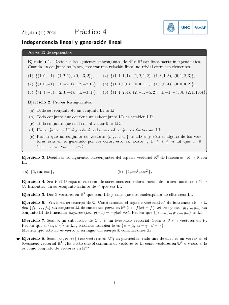 Practico4 Algebra2 2024 | PDF | Espacio vectorial | Subespacio lineal