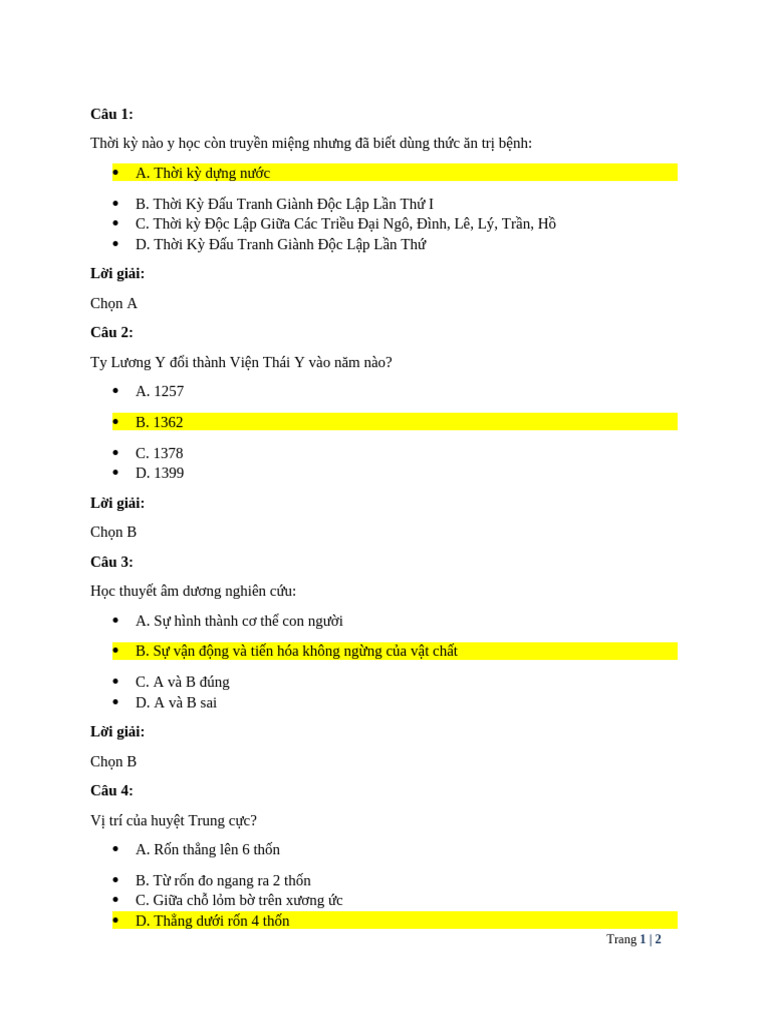 1000 Cau Trac Nghiem y Hoc Co Truyen Co Dap An Phan 1 - 2024 - 11 - 30 | PDF