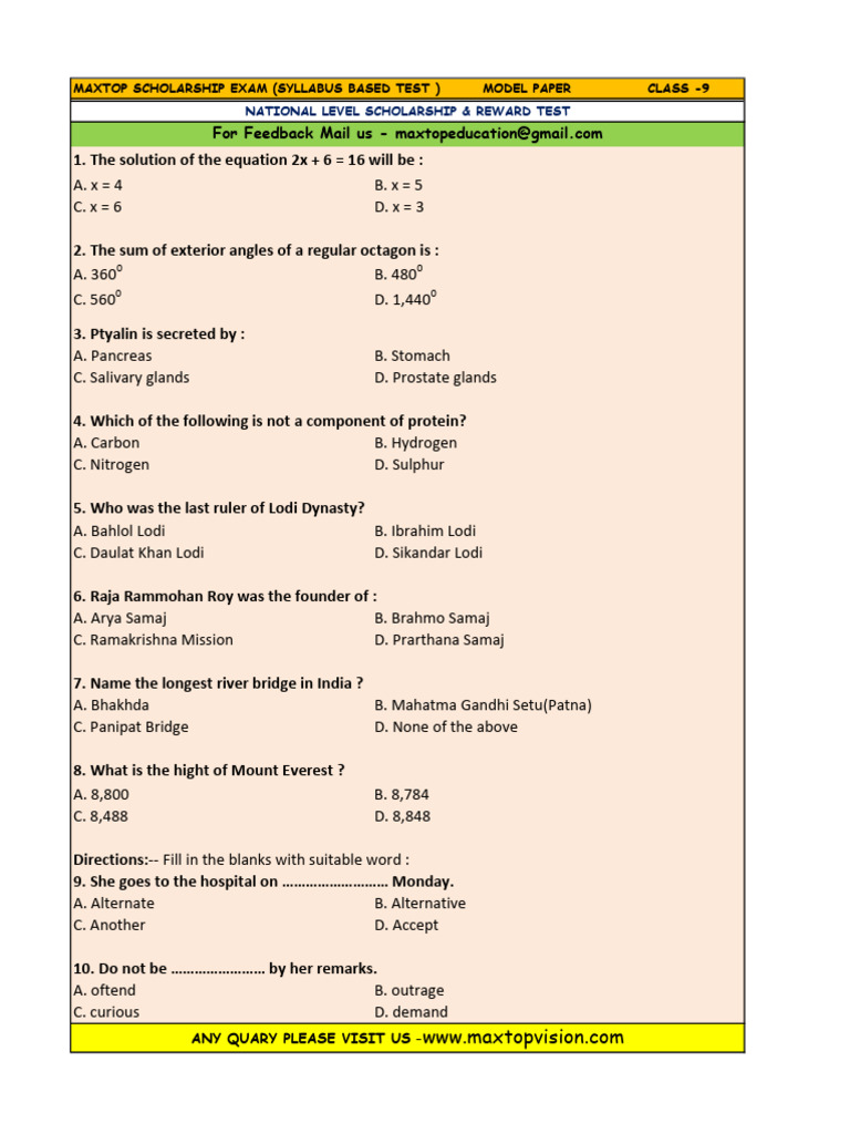 Class 9th Model Paper, Syllabs Based | PDF