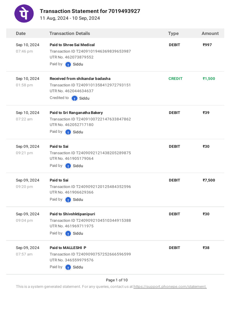 PhonePe Statement Aug2024 Sep2024 | PDF | Debit Card | Debits And Credits