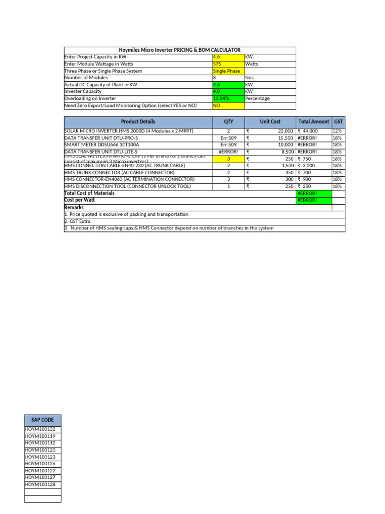 Hoymiles Pricing and BOM Calculator 2000D&DW | PDF | Solar Panel | Power Inverter