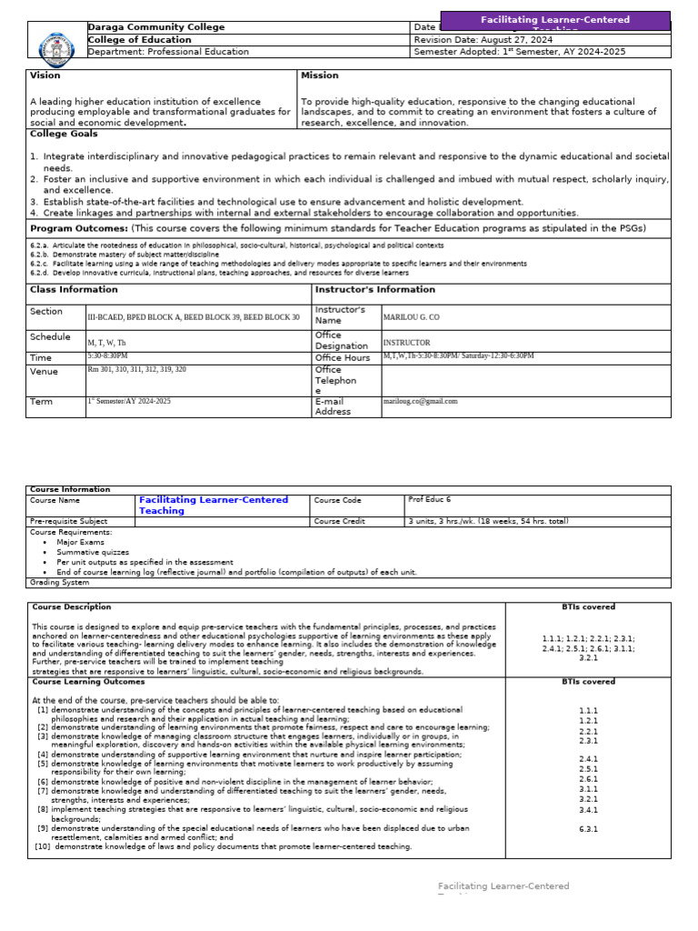 OBE SYLLABUS PROF ED 6 Facilitating Learner Centered Teaching | PDF | Learning | Differentiated ...