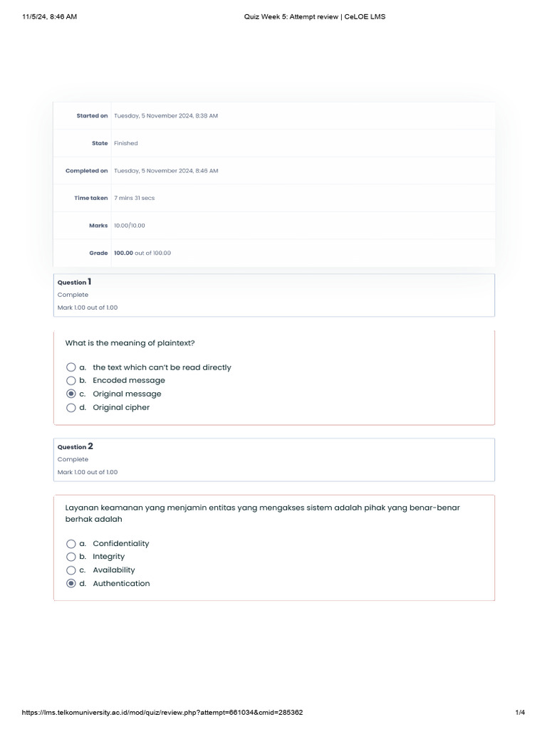 Quiz Week 5 - Attempt Review - CeLOE LMS | PDF | Cipher | Encryption