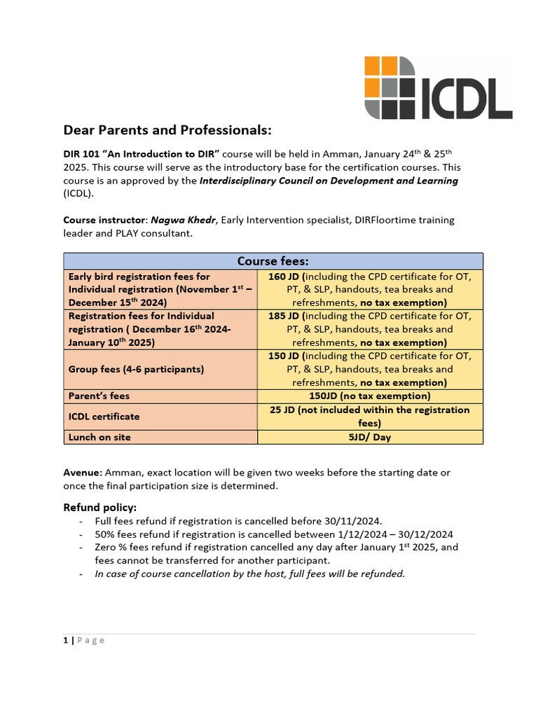 DIR 101 Course in Amman: Registration Info | PDF | Autism ...