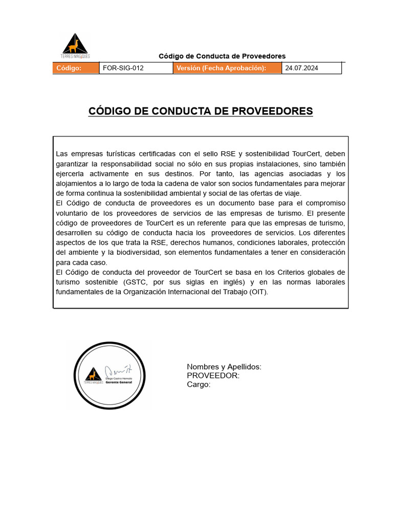FOR-SIG-012 Código de Conducta de Proveedores | PDF | Responsabilidad social corporativa | Residuos