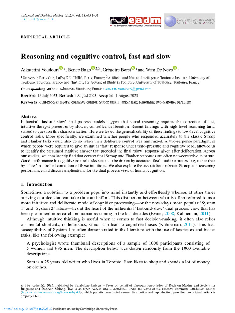 Reasoning and Cognitive Control Fast and Slow | PDF | Executive ...