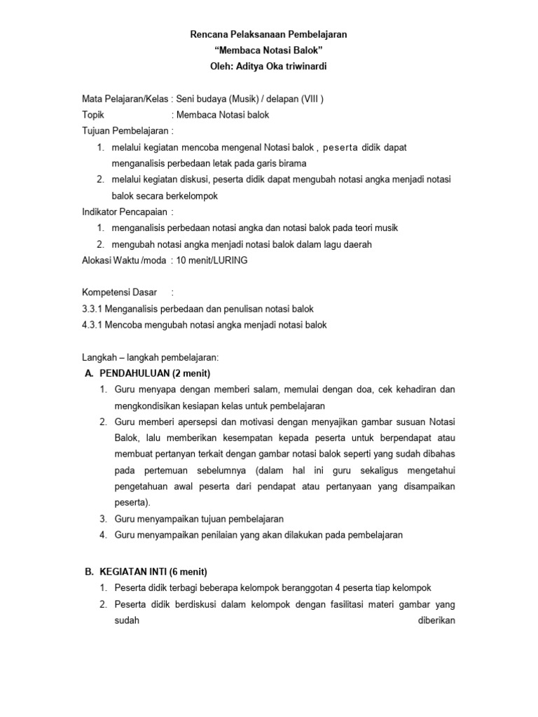 Rencana Pembelajaran Notasi Balok Musik | PDF