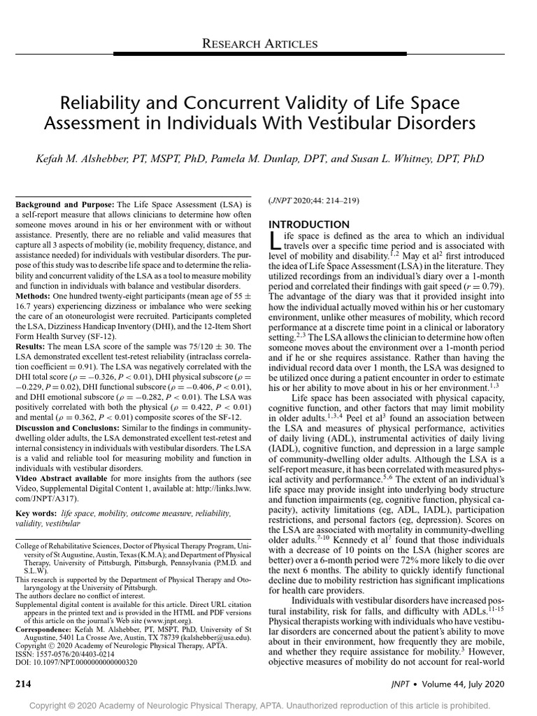 Reliability and Concurrent Validity of Life Space.7 | PDF